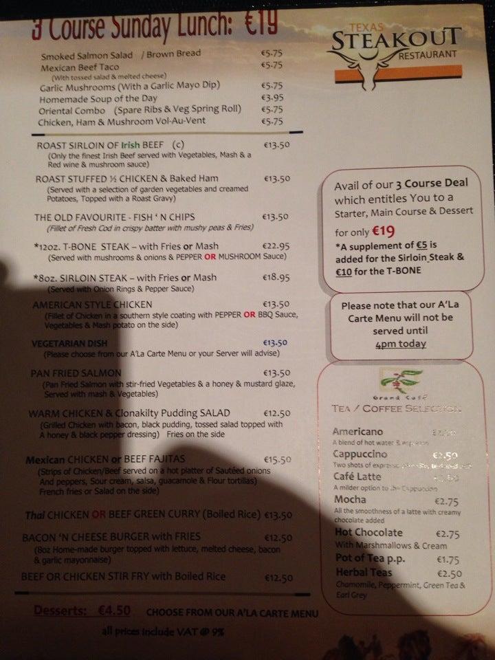 Menu at Texas Steakout restaurant, Limerick