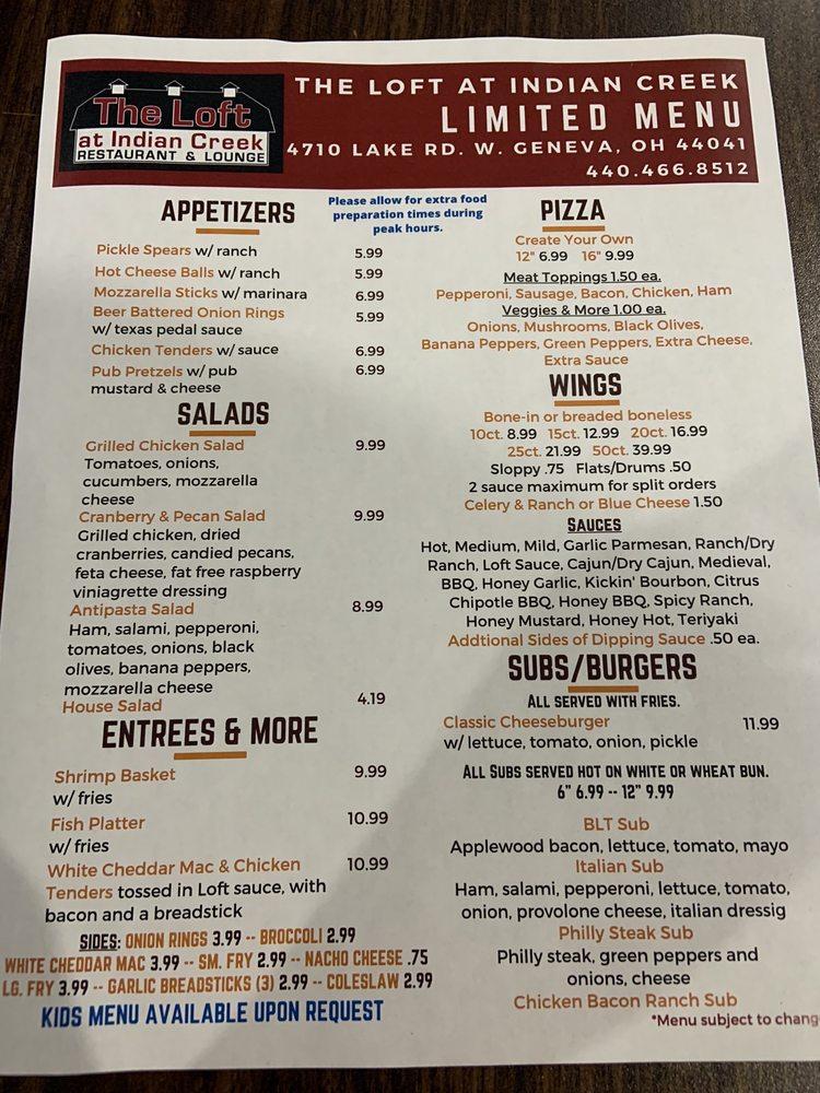 Menu at The Loft Restaurant & Lounge, Geneva-on-the-Lake