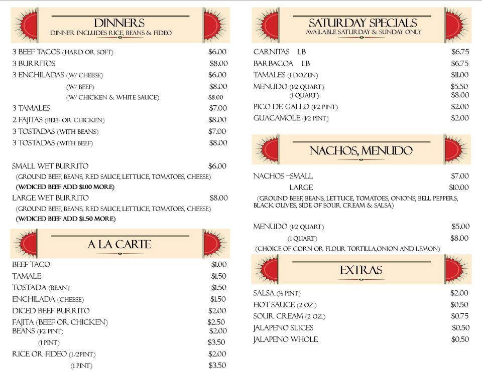 Menu at Tino's Takeout Mexican Food restaurant, Saginaw