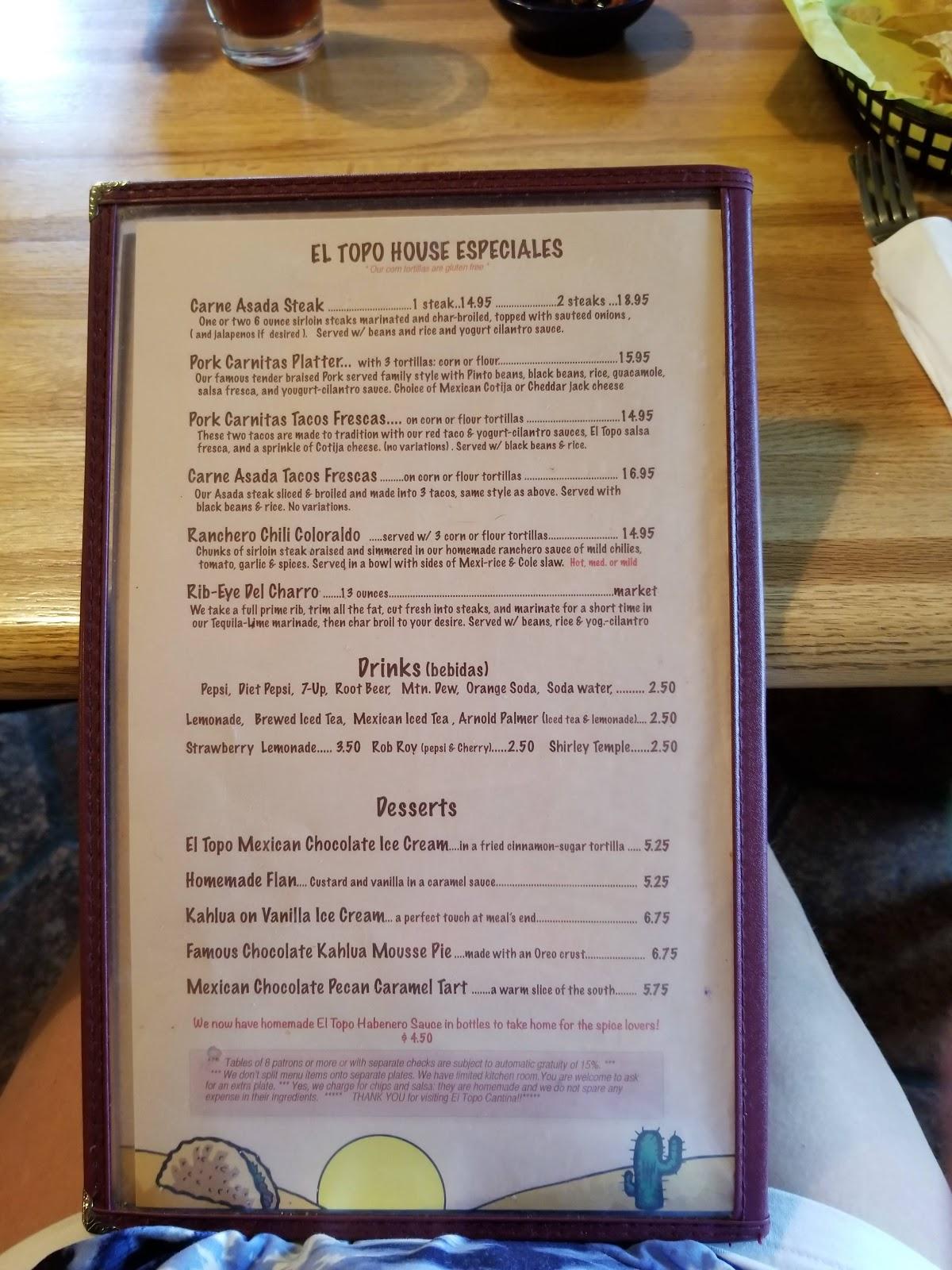 Menu at El Topo Cantina restaurant, Bigfork, Montana Hwy 35