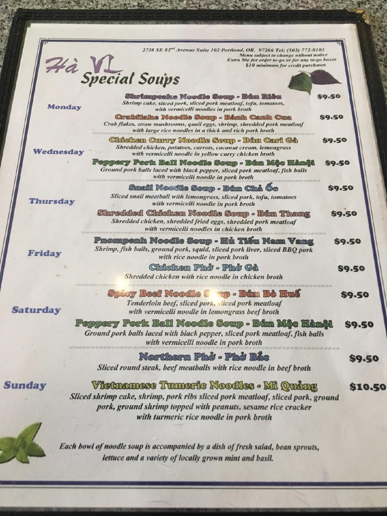 Menu at HA VL Vietnamese Noodle Soup restaurant, Portland