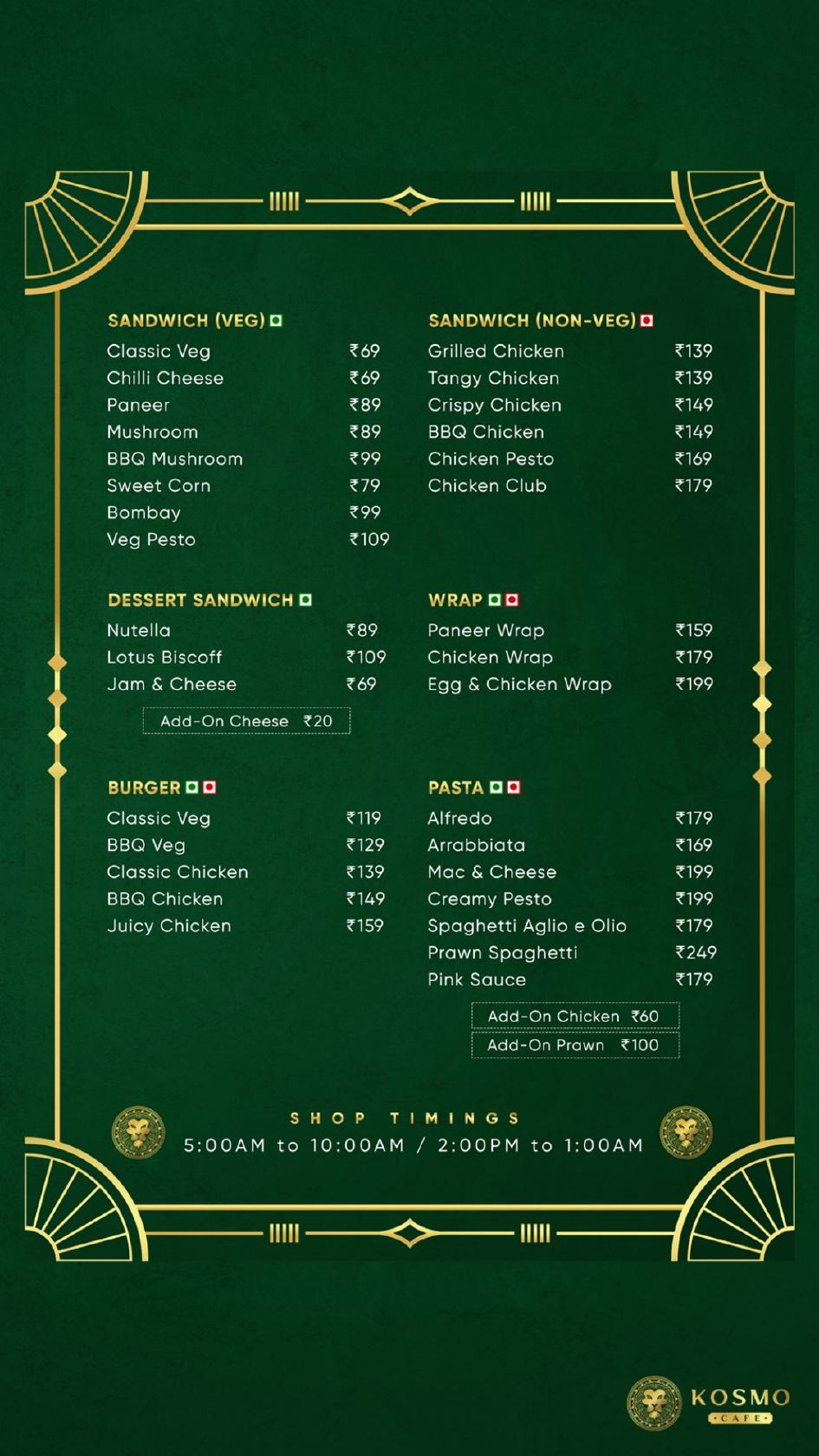 Menu at Kosmo cafe, Chennai