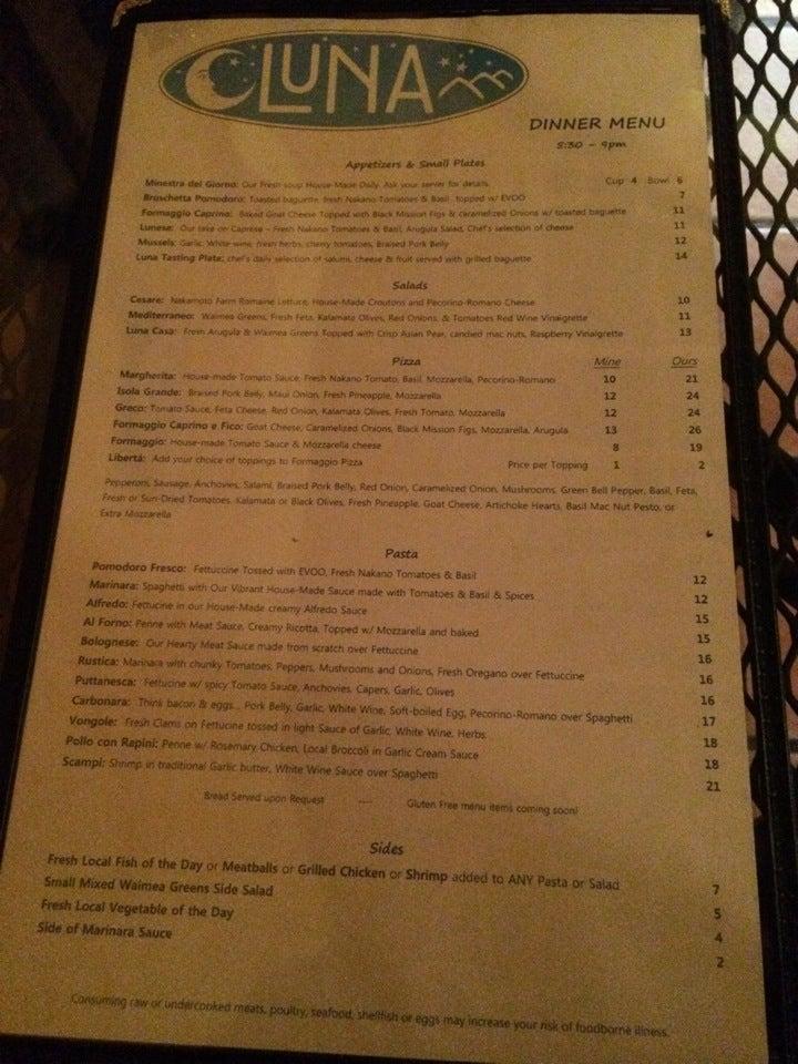 Menu at Luna pizzeria, Waimea