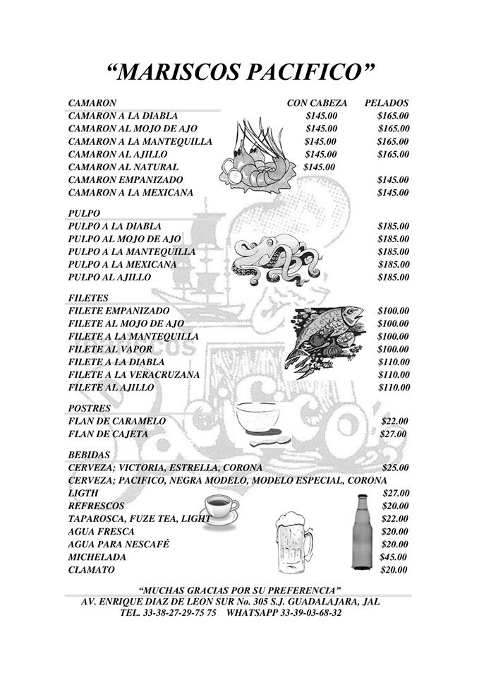 Menu at Mariscos Pacífico restaurant, Guadalajara, Enrique Díaz de León ...