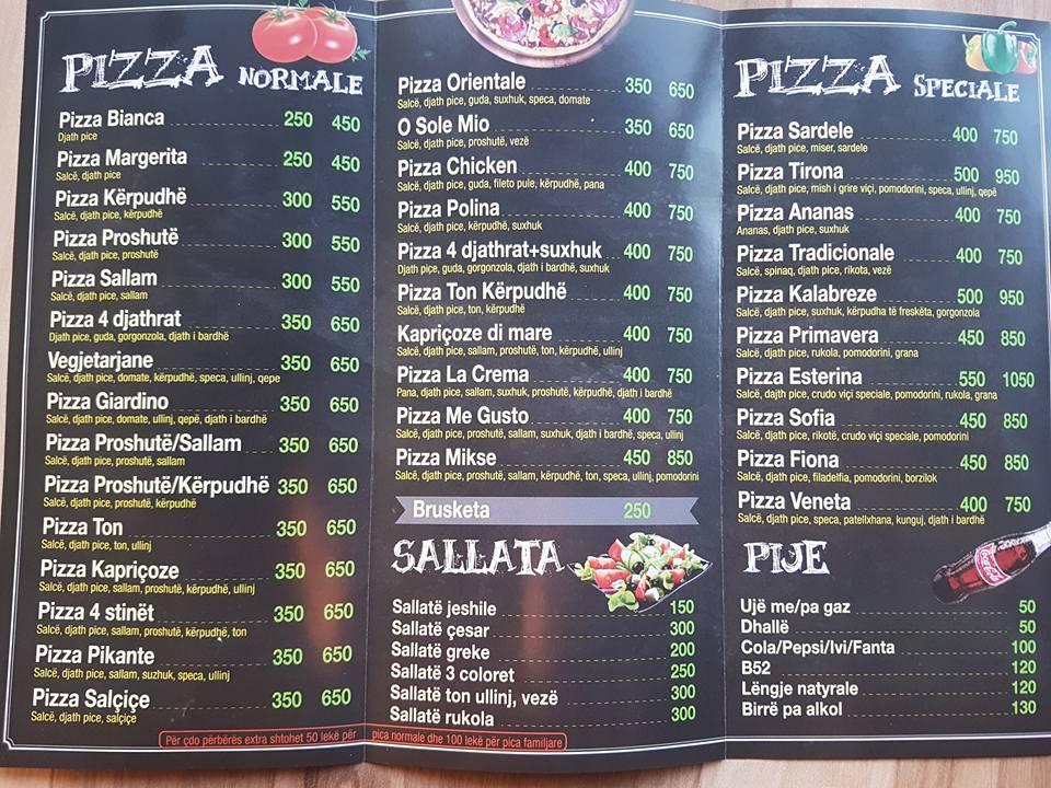 Menu at Piceri Tirona restaurant, Tirana, Rruga e Dibrës