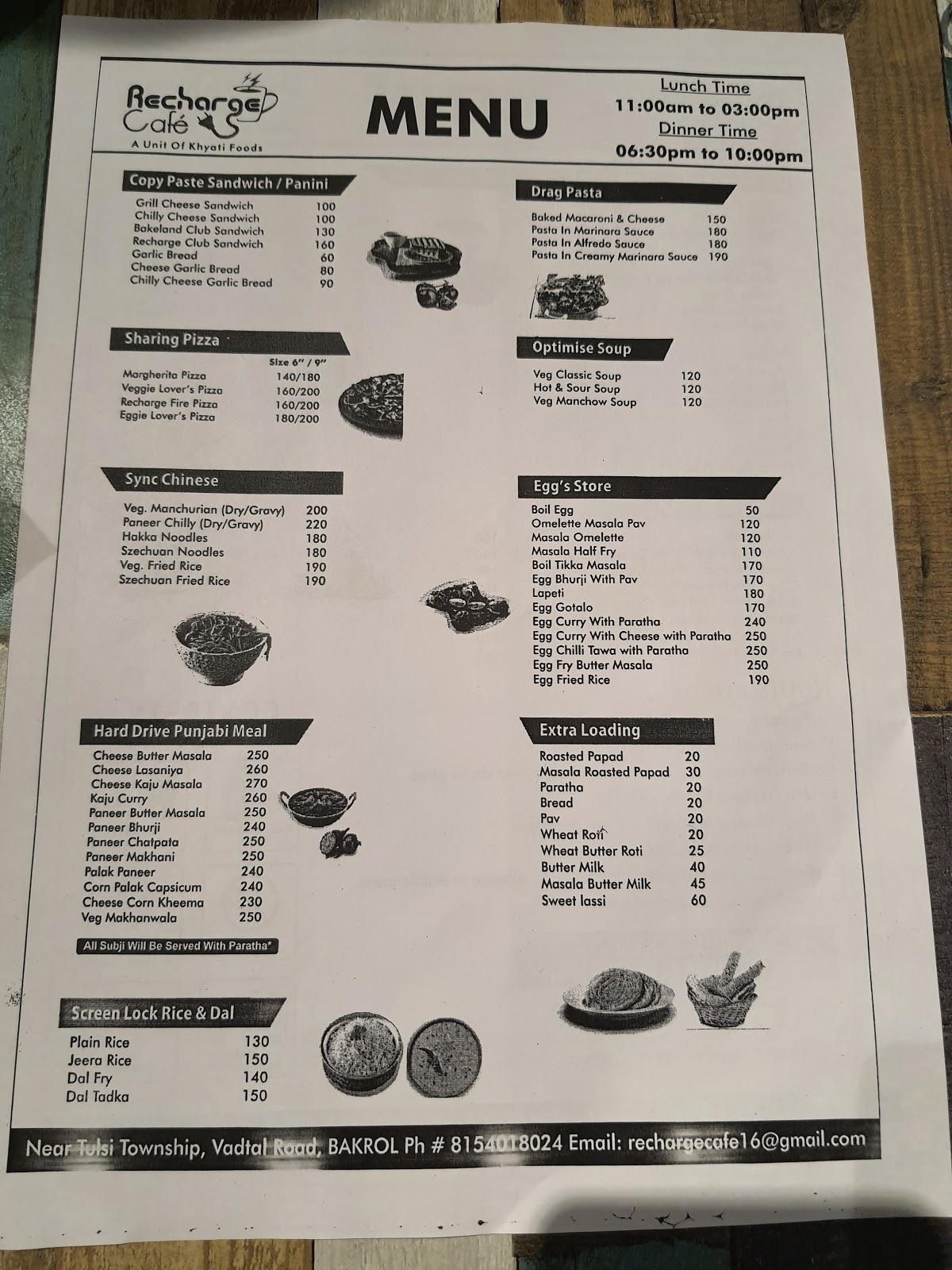 Menu at Recharge Cafe, Anand, Near Tulsi Township