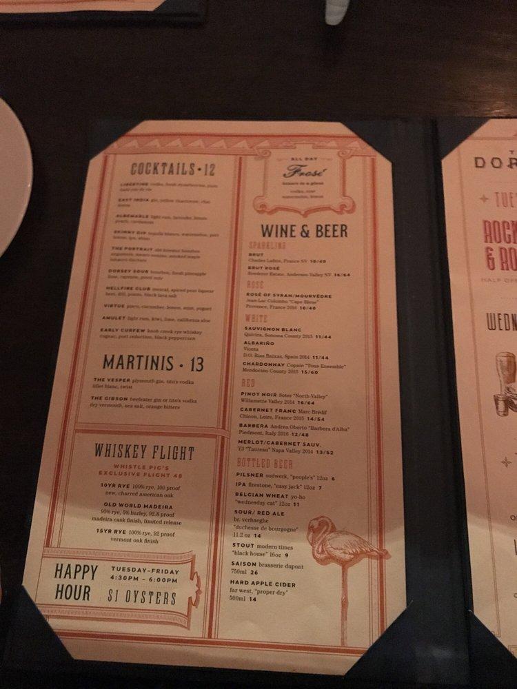 Menu at The Dorian restaurant, San Francisco, Chestnut St