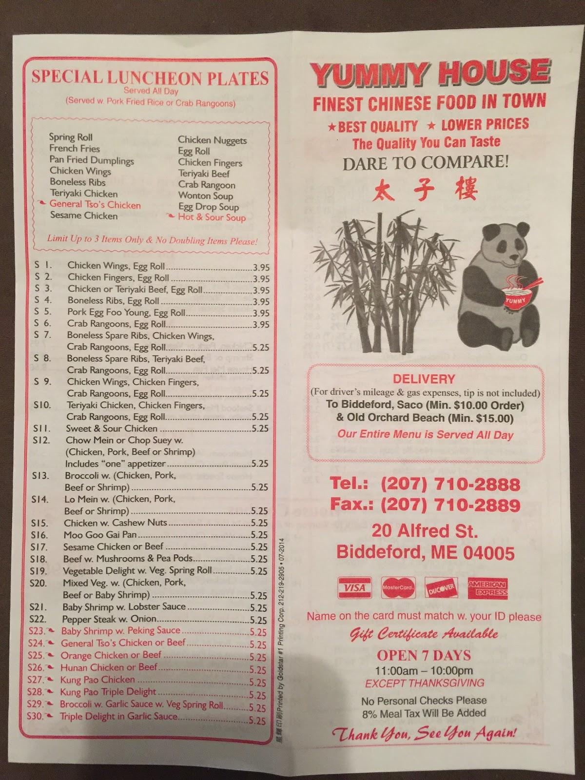 Menu at Yummy House restaurant, Biddeford