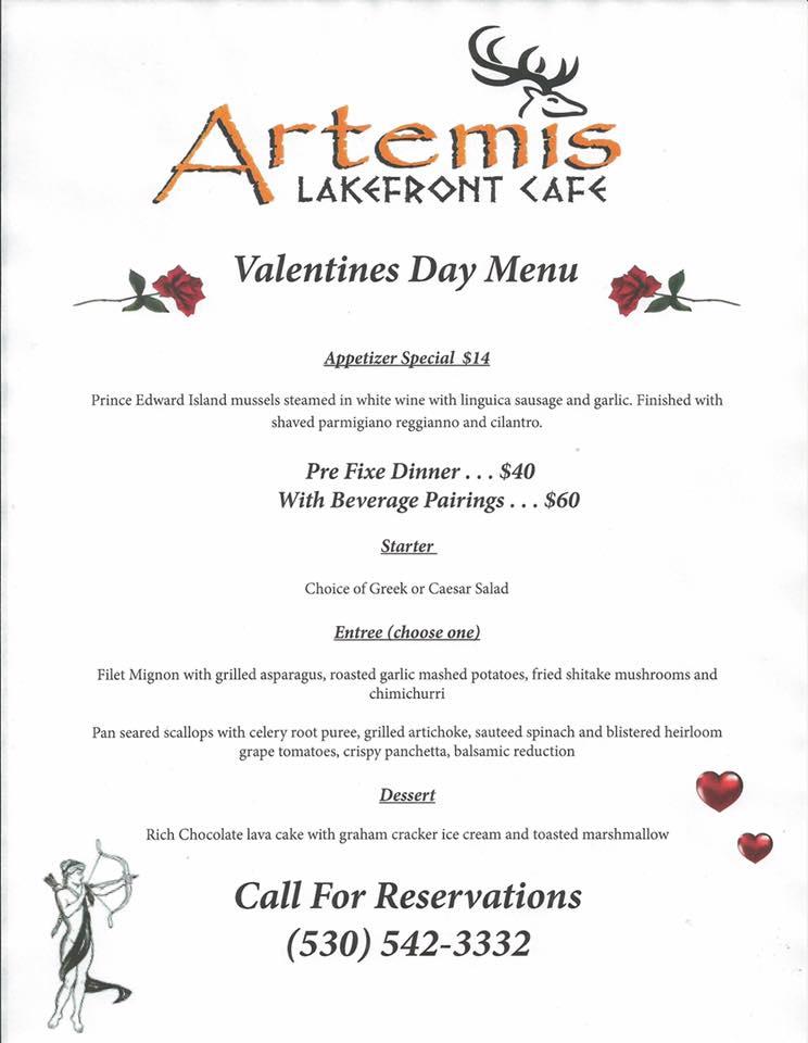 Menu at Artemis Lakefront Café restaurant, South Lake Tahoe