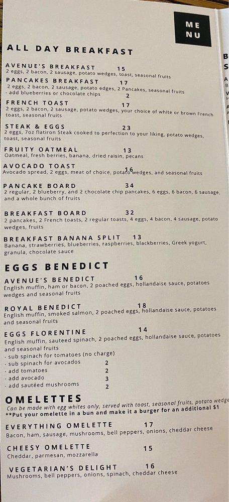 Menu at Avenue Eatery & Cafe, Fort McMurray