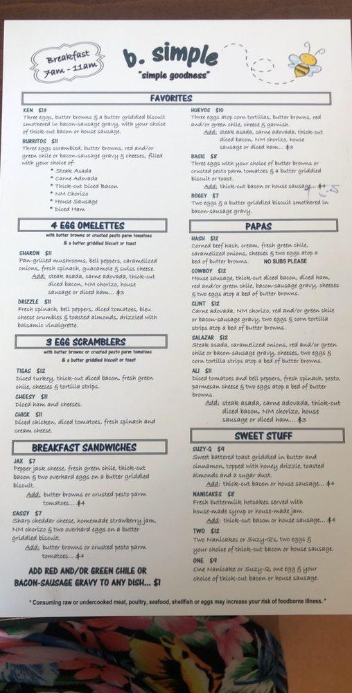 Menu at b. simple restaurant, Prescott