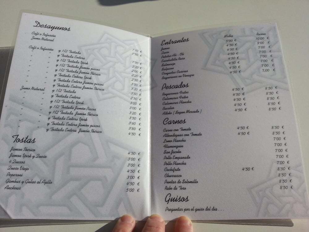 Menu at Cafe Bar El Maestro, Córdoba