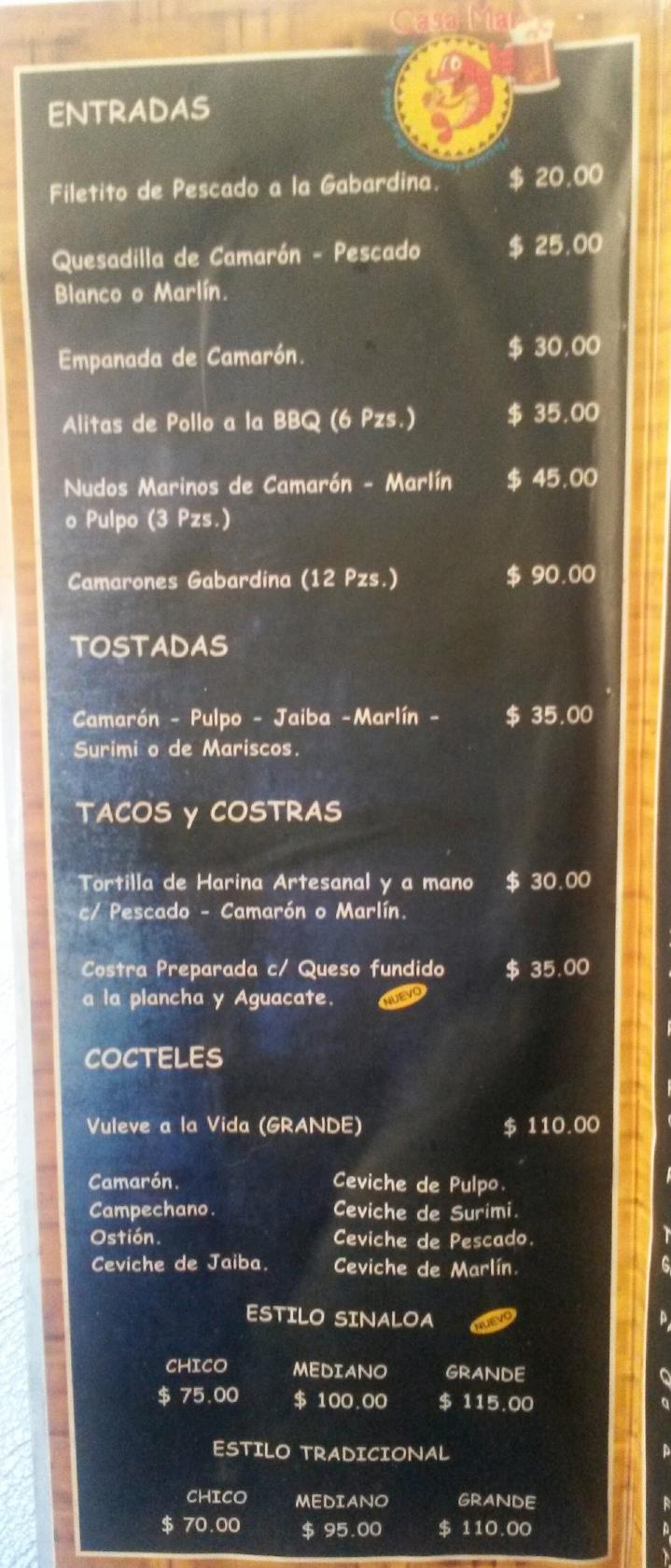 Menu at Casa Mar restaurant, Mexico, Av. Revolución 1982