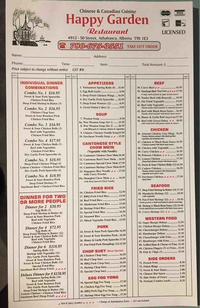 Menu at Happy Garden Restaurant, Athabasca