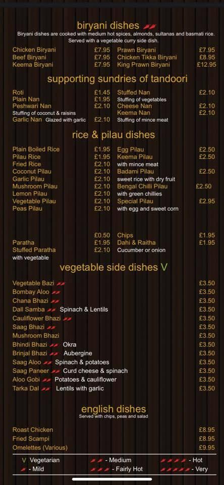 Menu at Haworth Tandoori restaurant, Haworth