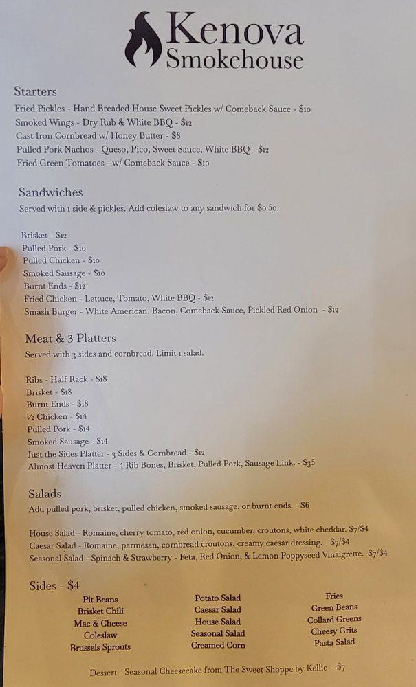 Menu at Kenova Smokehouse BBQ, Flowood