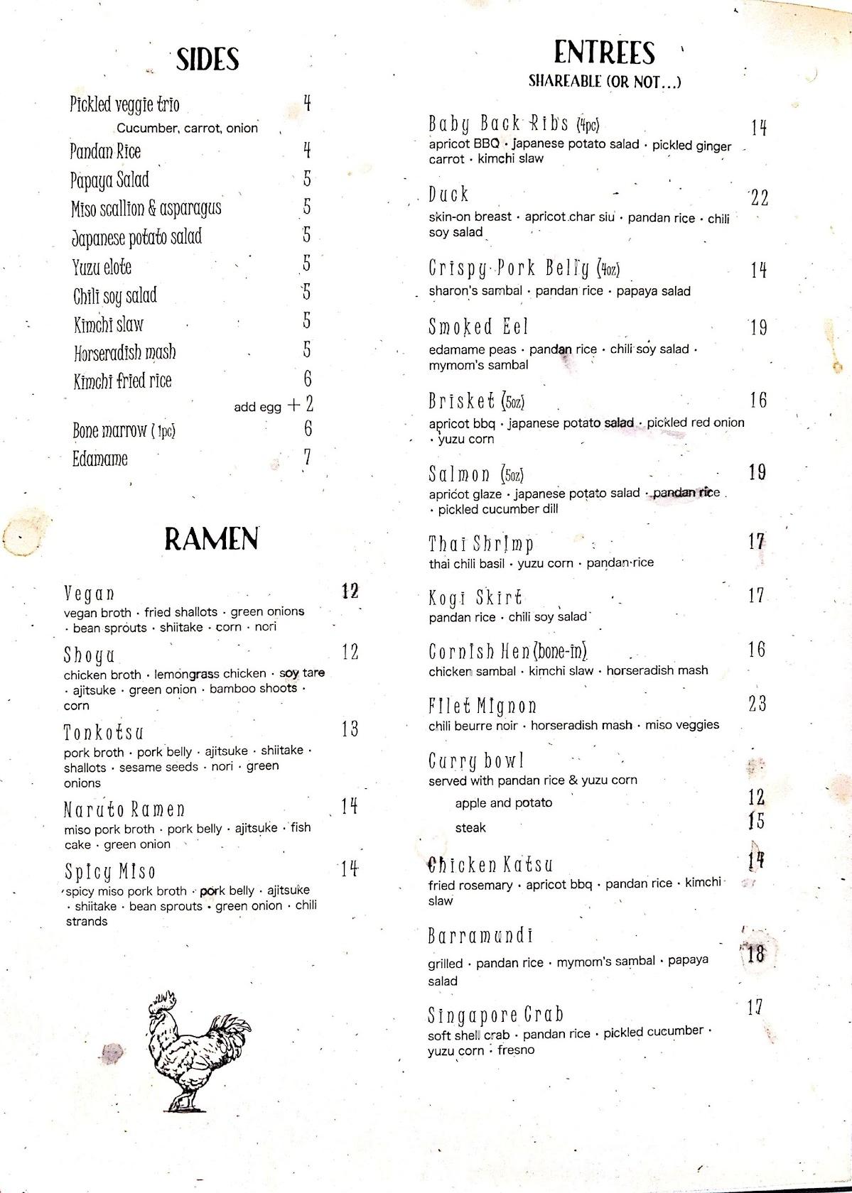 Menu at NoMi restaurant, El Paso