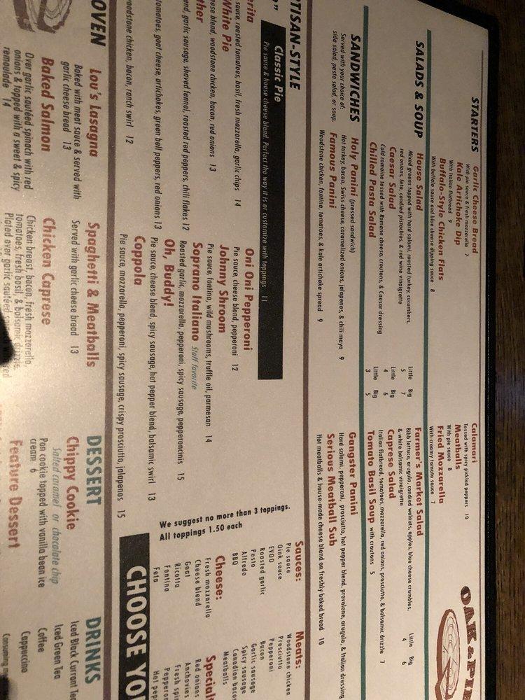 Menu at Oak & Pie pub & bar, Wichita, N Greenwich Rd #900