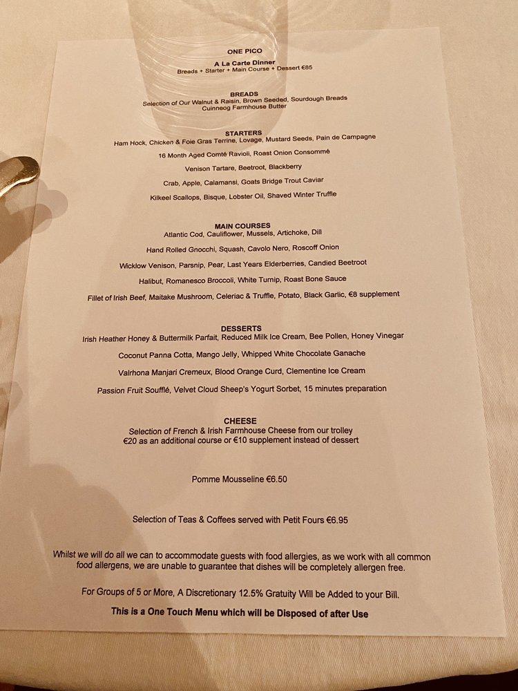 Menu at One Pico Restaurant, Dublin