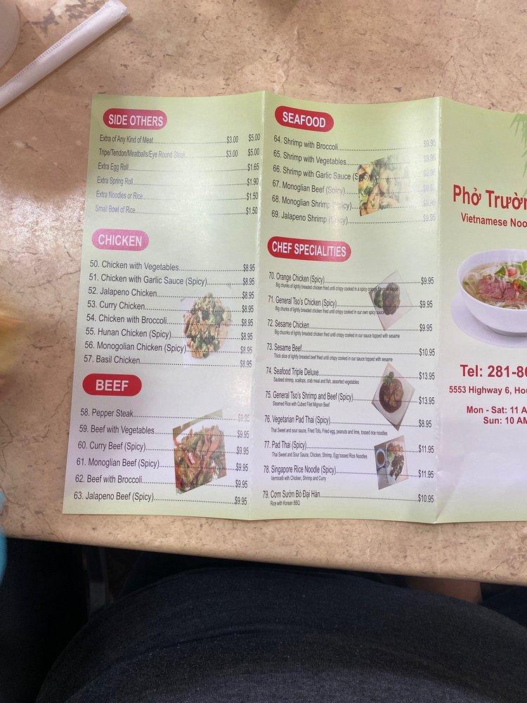 Menu at Phở Trường Phát restaurant, Houston