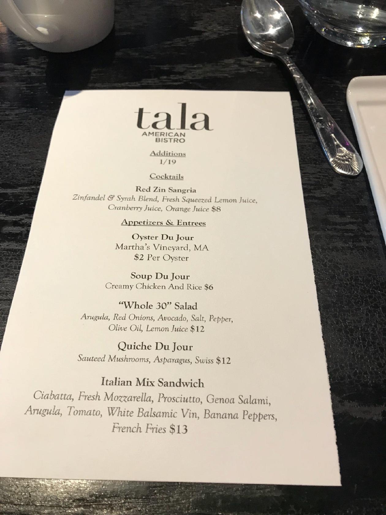 Menu at Tala Bistro pub & bar, Latham