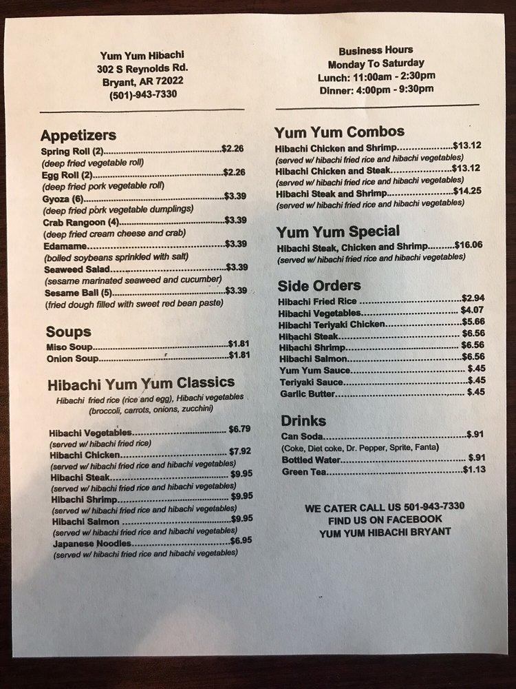 Menu at Yum Yum Bryant restaurant, Bryant