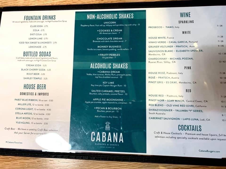 Menu at Cabana Burgers & Shakes restaurant, Johns Island