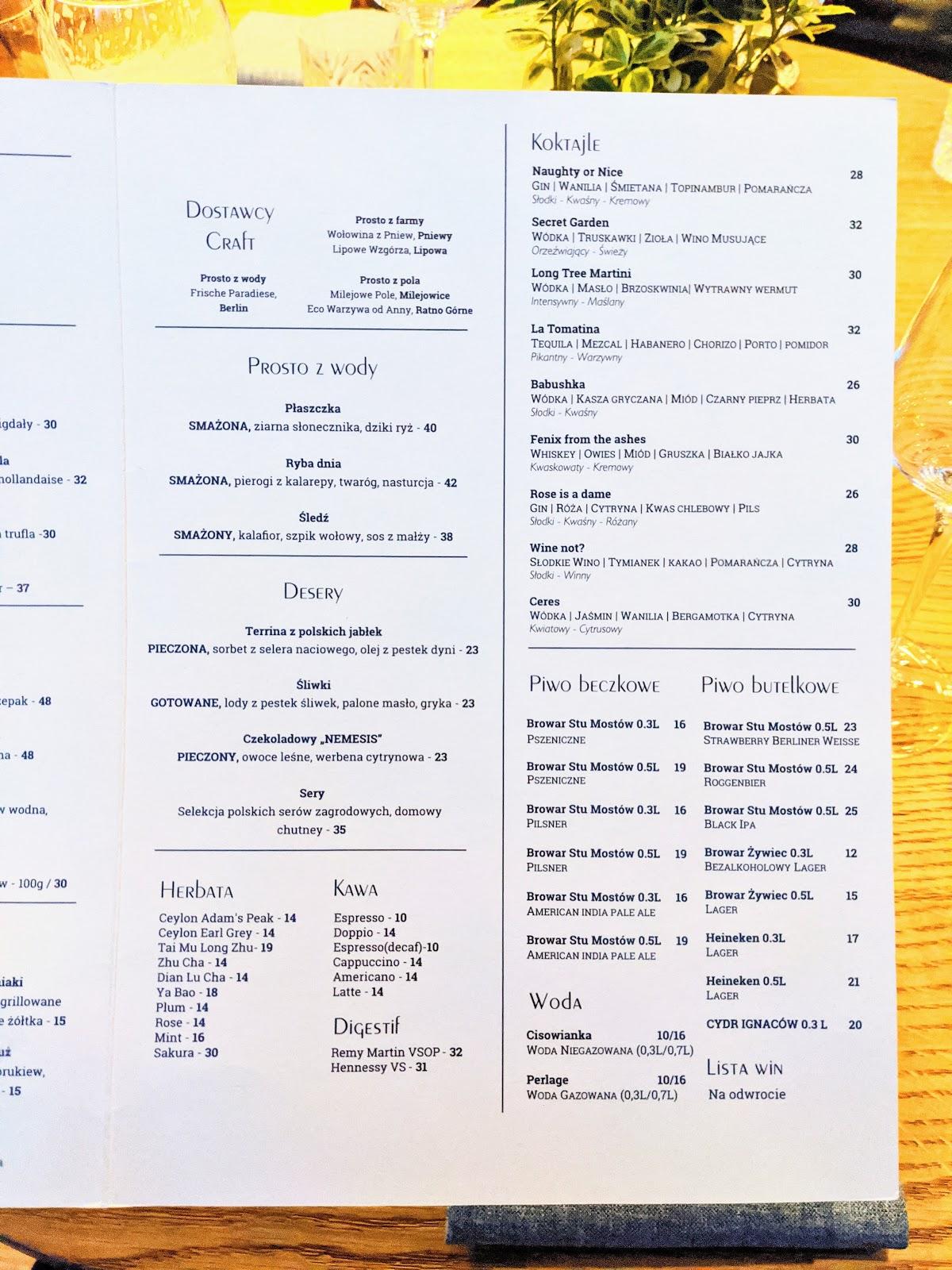 Menu at Craft restaurant, Wrocław