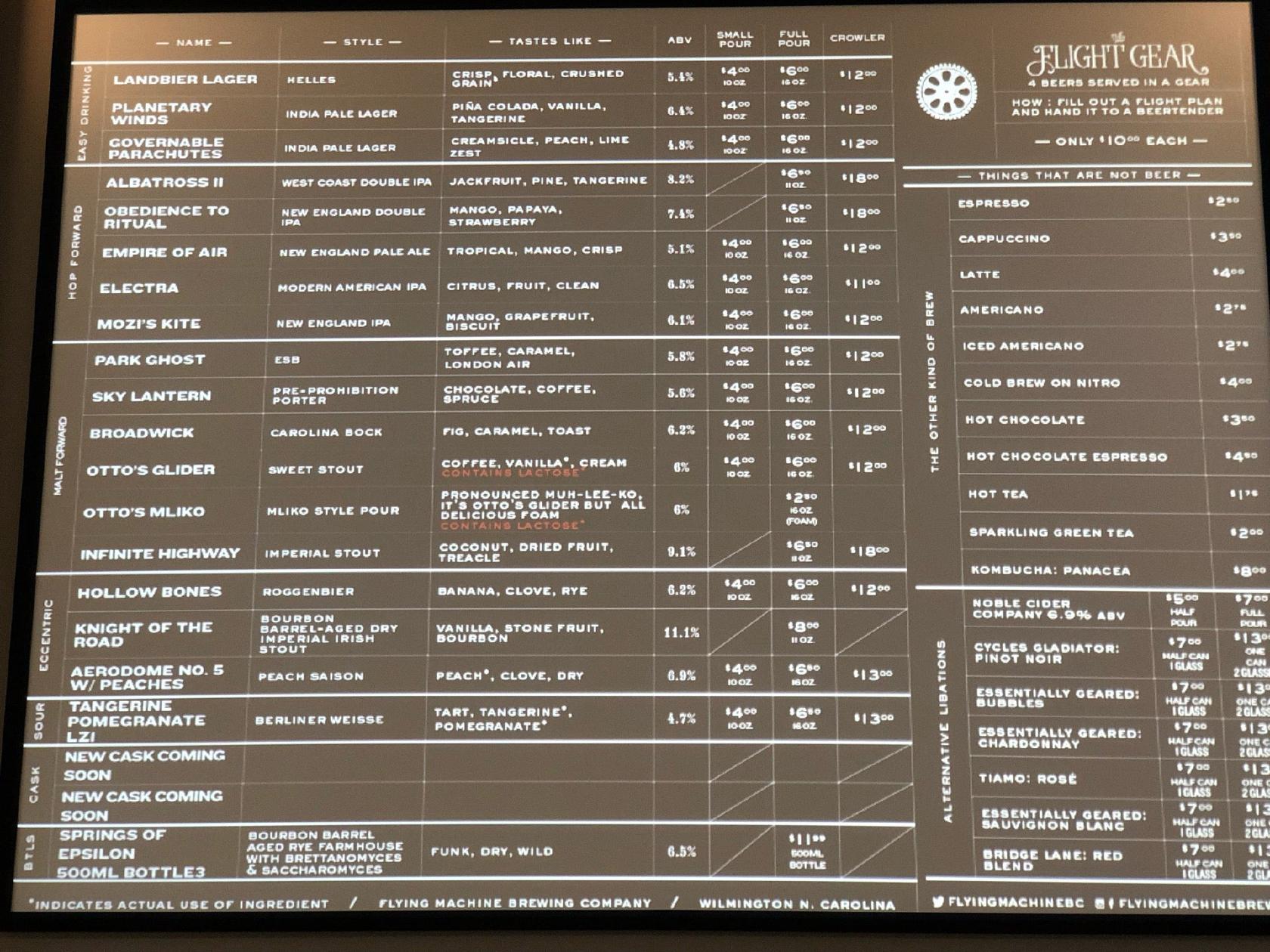 Menu at Flying Machine Brewing Company restaurant, Wilmington