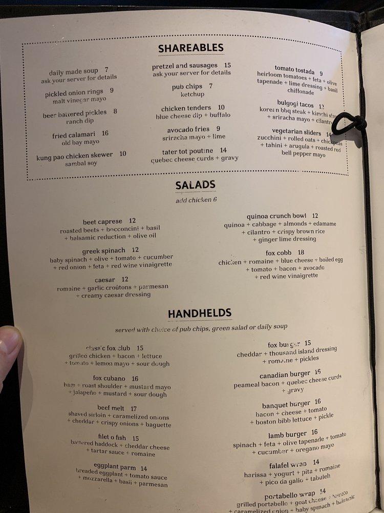 Menu at Fox on John pub & bar, Toronto, 106 John St #3