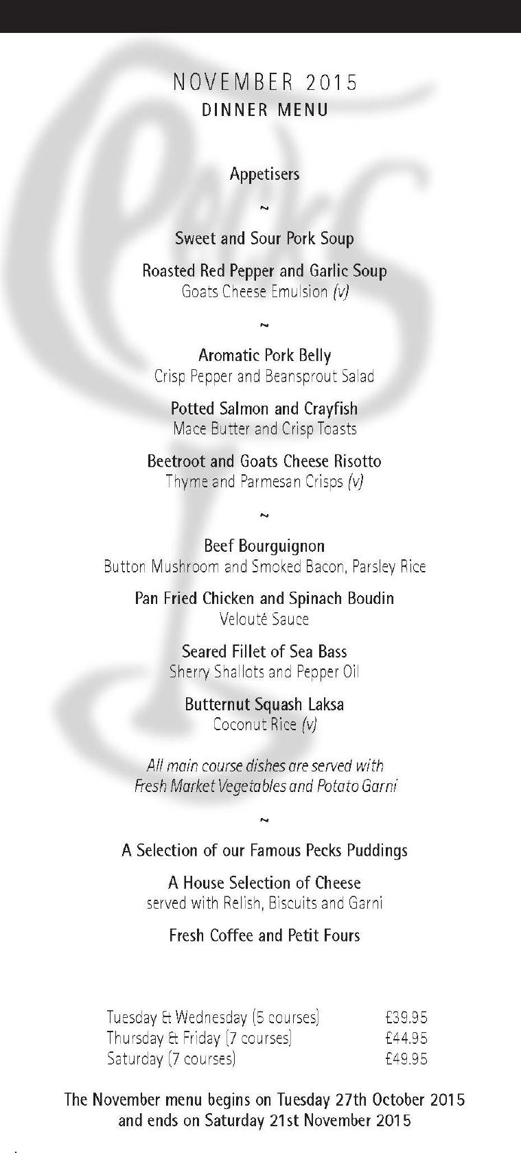 Menu at Pecks Restaurant, Congleton