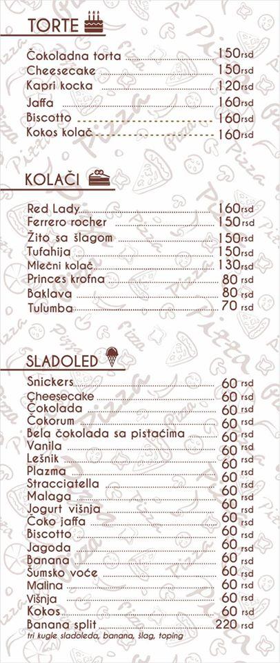Menu at Segafredo Picerija restaurant, Prokuplje