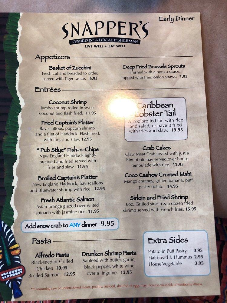 Menu at Snapper's Sea Grill pub & bar, Saint Pete Beach