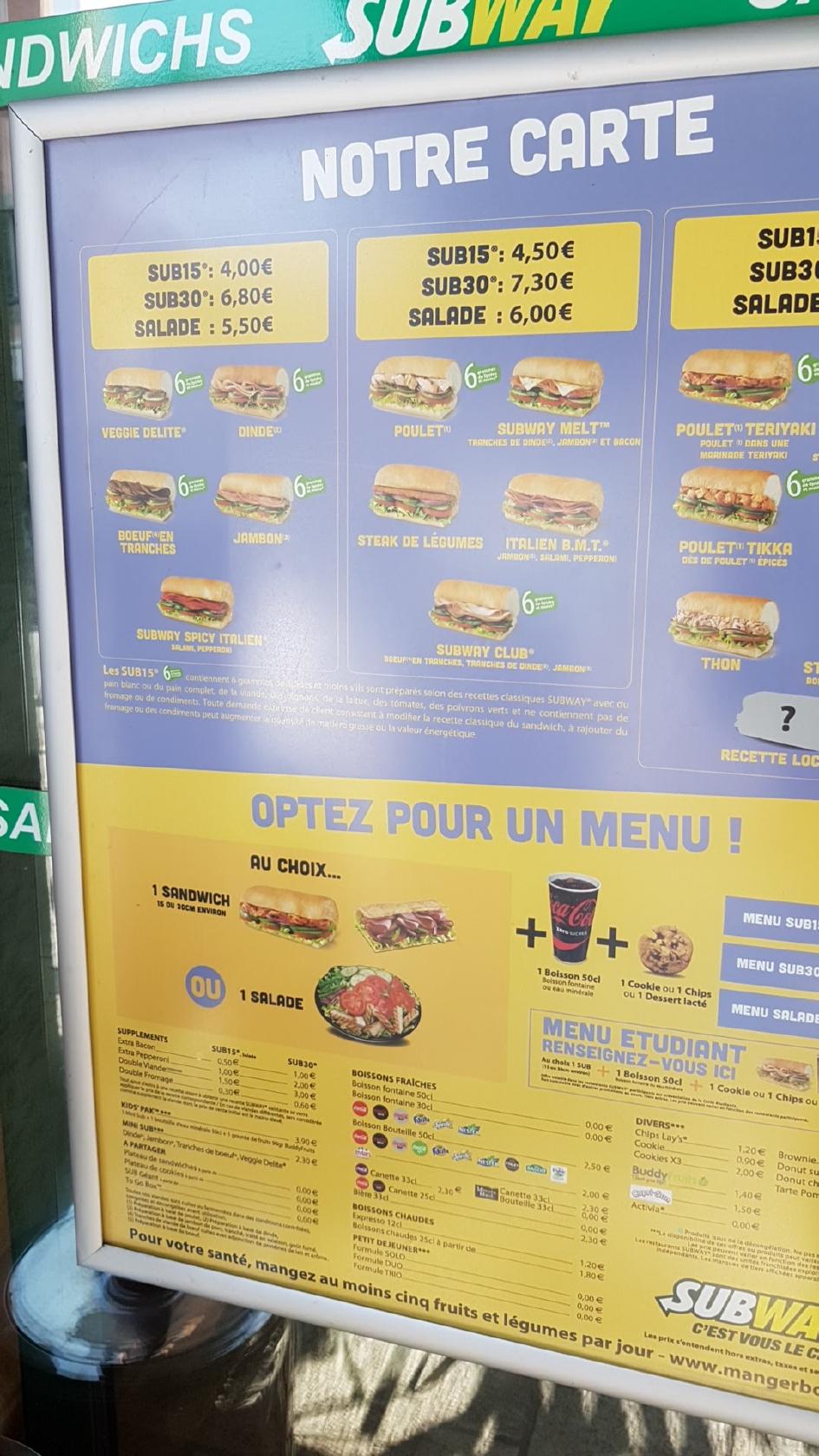 Menu at Subway restaurant, Chamonix