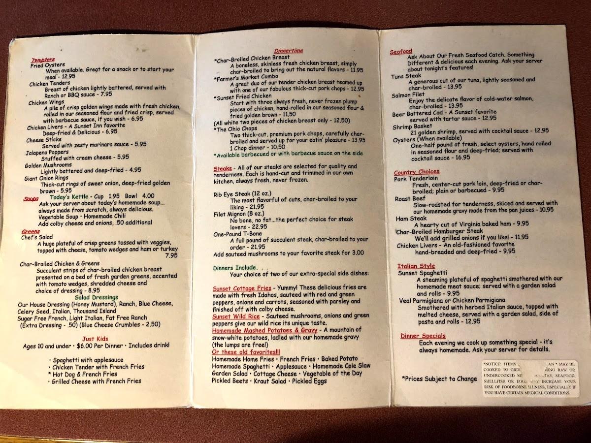 Menu at Sunset Inn Restaurant, Hebron