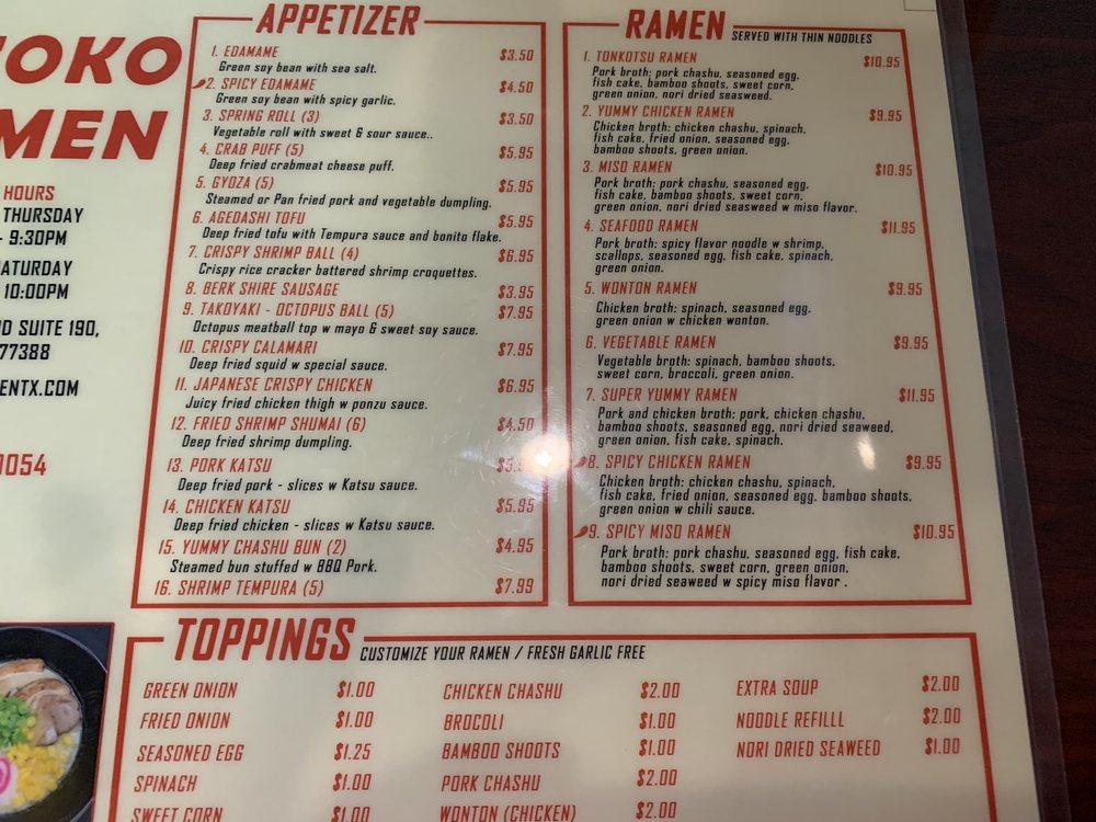 Carta del restaurante Yoko Ramen, Spring