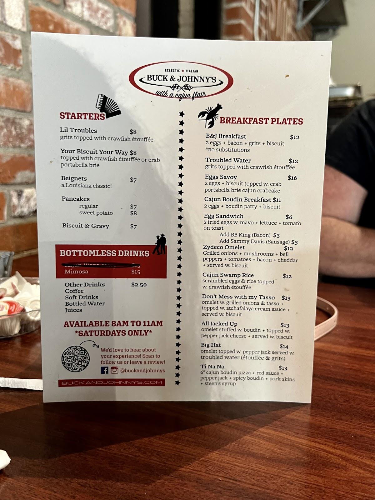 Menu at Buck & Johnny's: Eclectic Italian with a Cajun Flair pizzeria ...