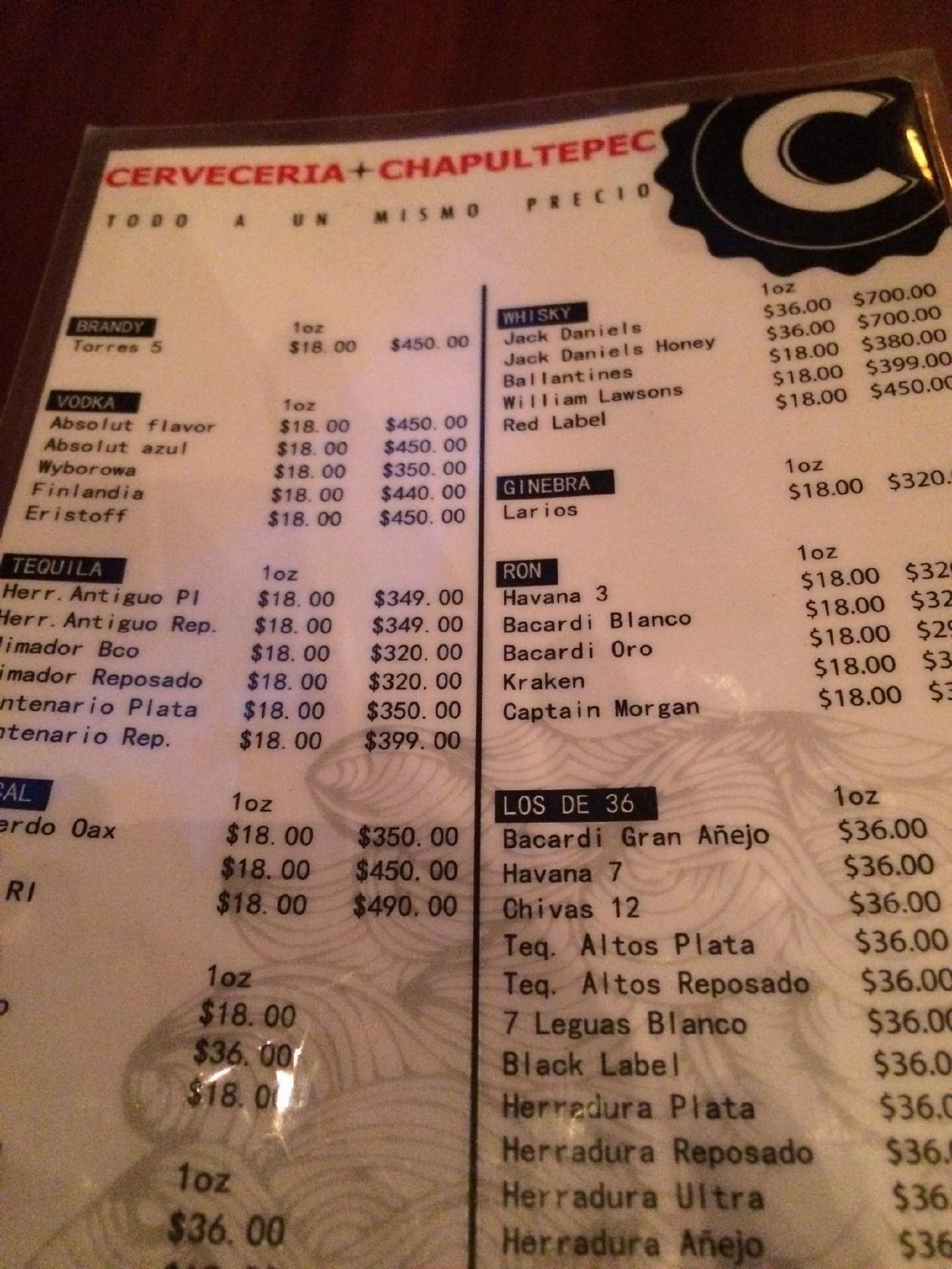 Carta del pub y bar Cerveceria chapultepec, Zapopan, Av Guadalupe 1606