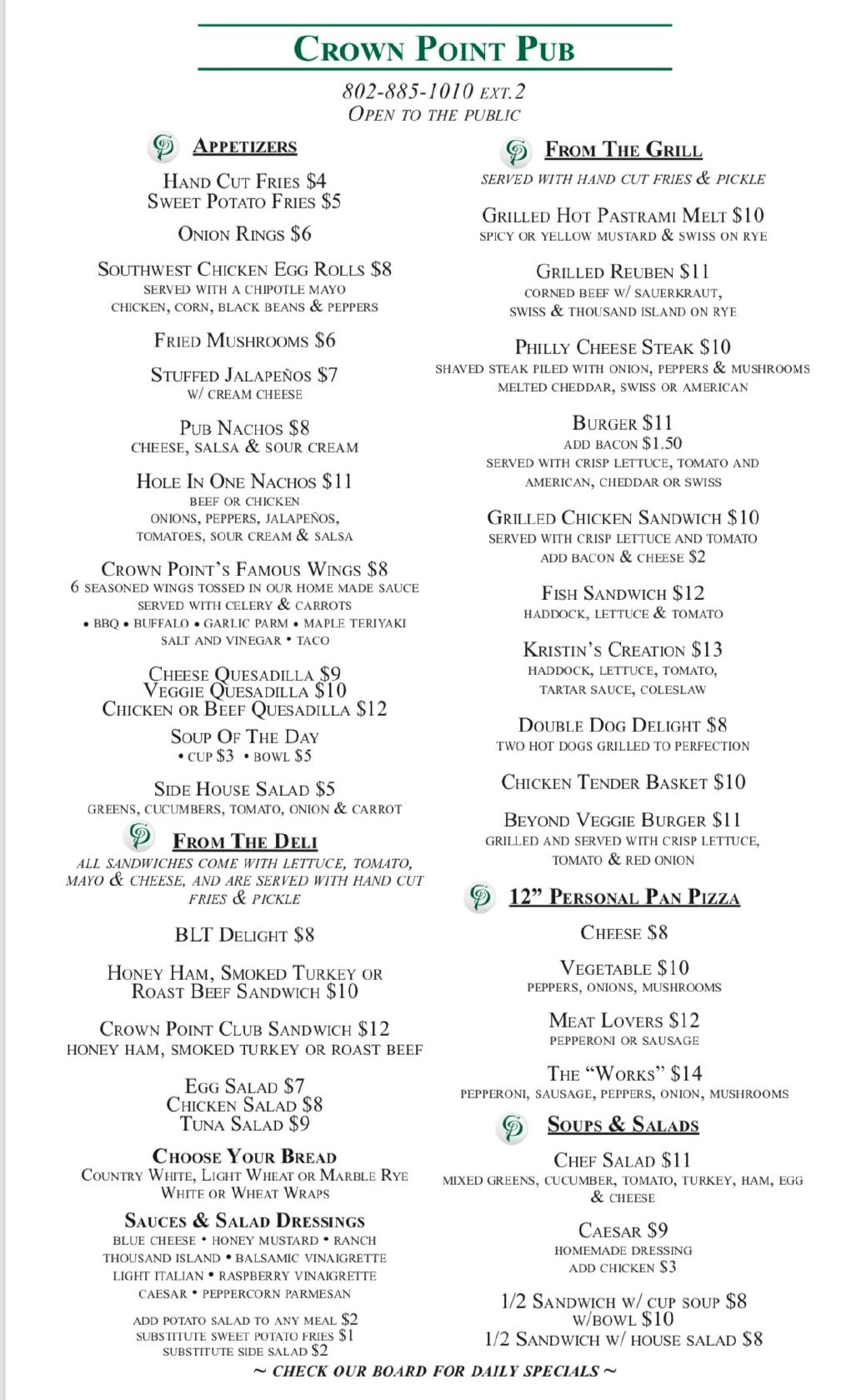 Menu at Crown Point Pub, Springfield, 155 Golf Course Rd