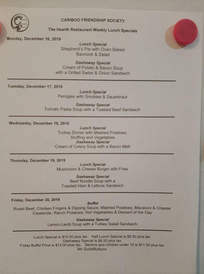 Menu at Hearth Restaurant, Williams Lake