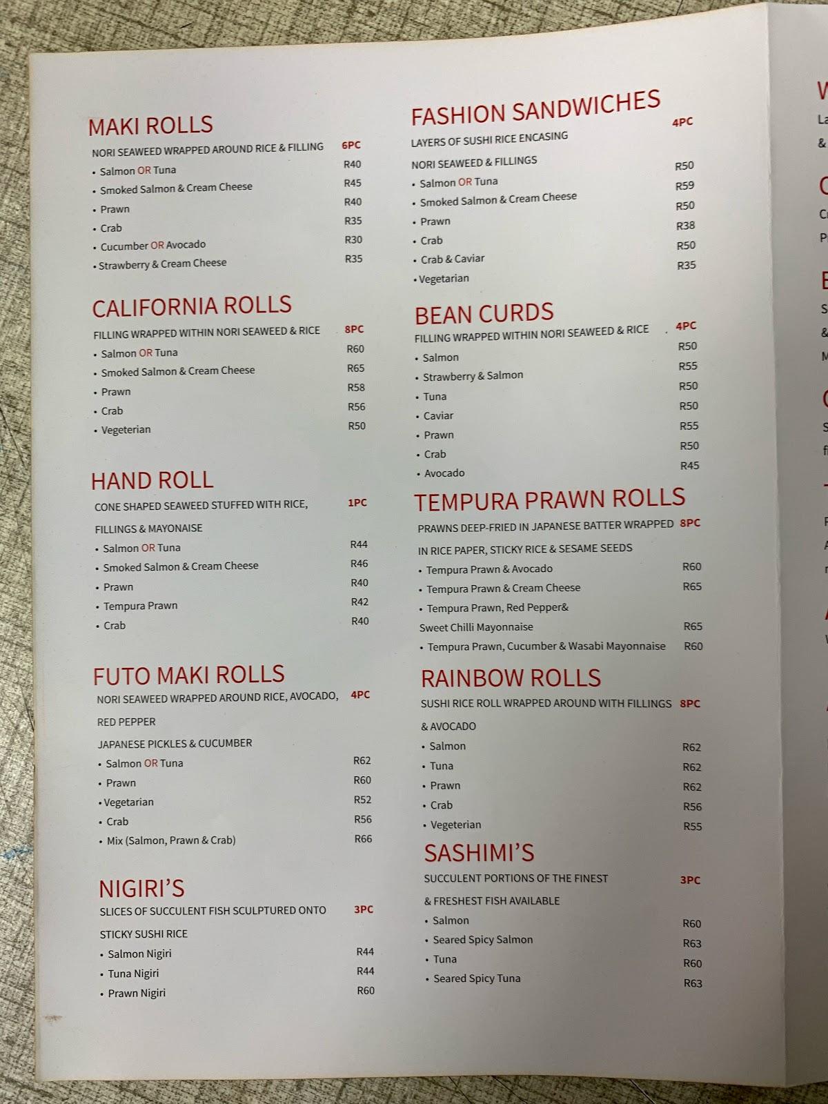 Menu at JC Chinese Restaurant, Bloemfontein