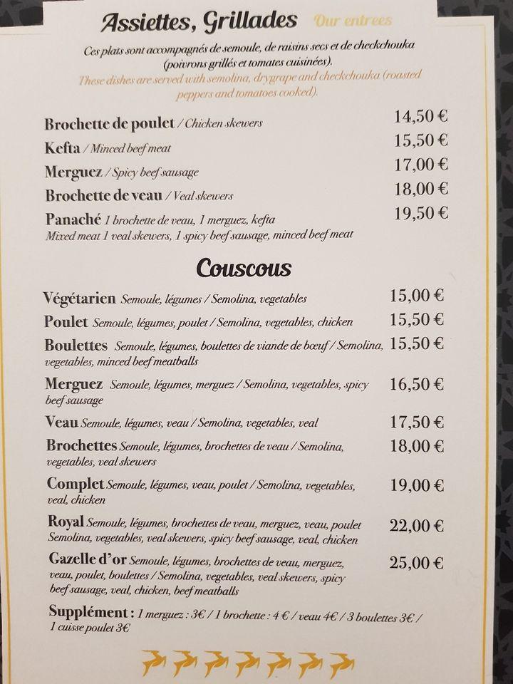 Menu au La Gazelle d'Or restaurant, Belfort