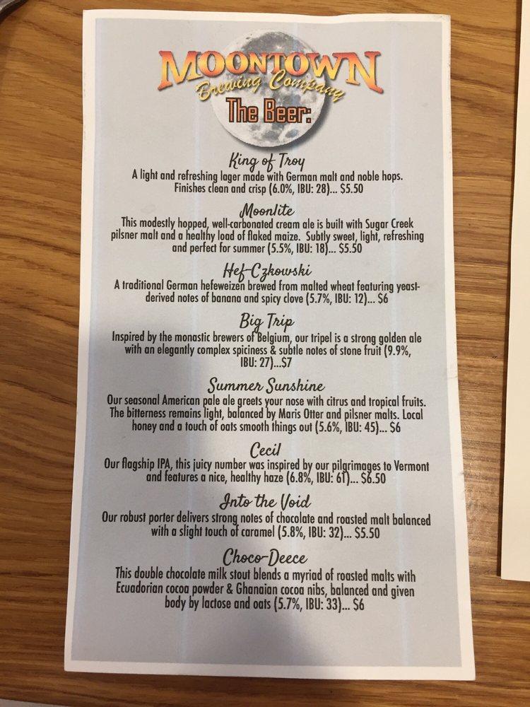 Menu at Moontown Brewing Company pub & bar, Whitestown