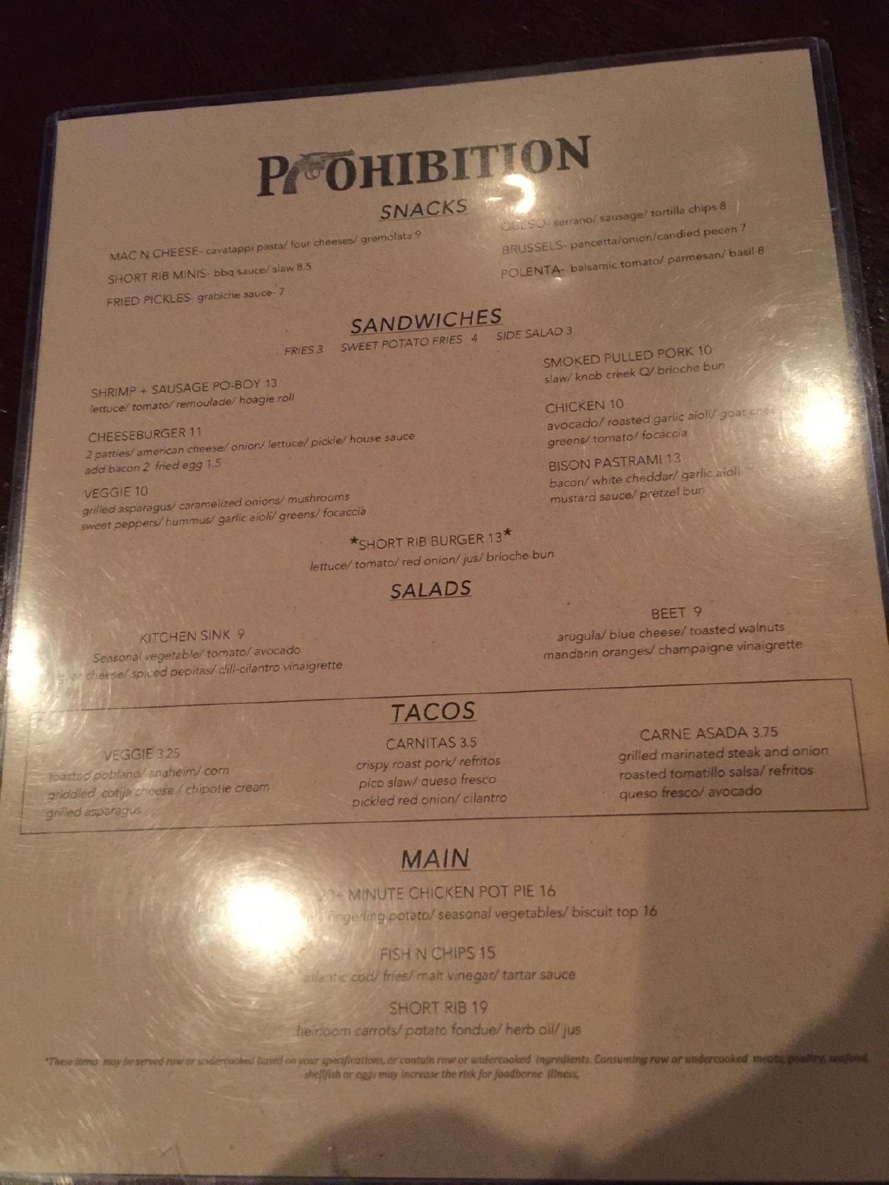 Menu at Prohibition pub & bar, Denver
