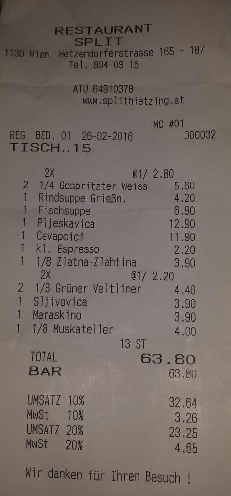 Menu at Restaurant Split, Vienna