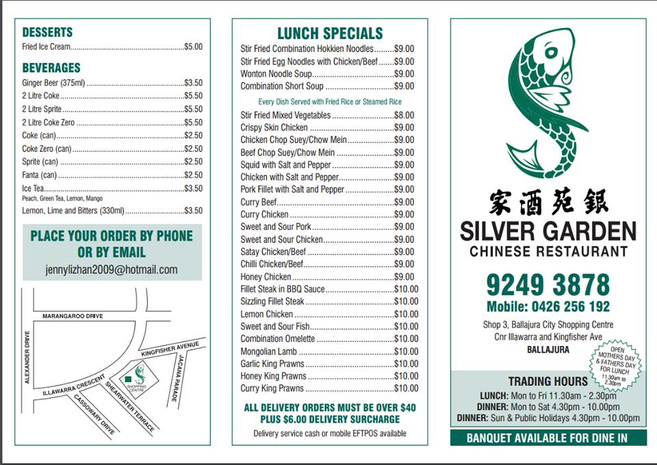 Menu at Silver Gardens restaurant, Ballajura, Kingfisher Ave