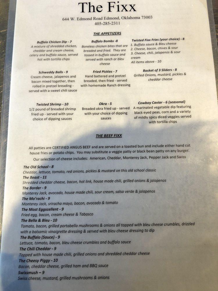 Menu at The Fixx restaurant, Edmond, 644 W Edmond Rd