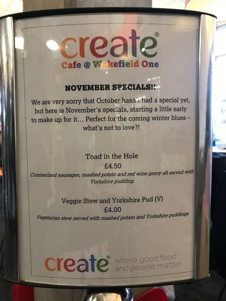 Menu at Create Cafe, Wakefield