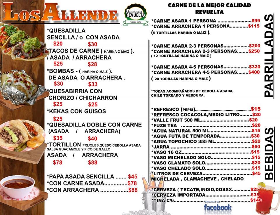 Carta del restaurante los allende, Gómez Palacio