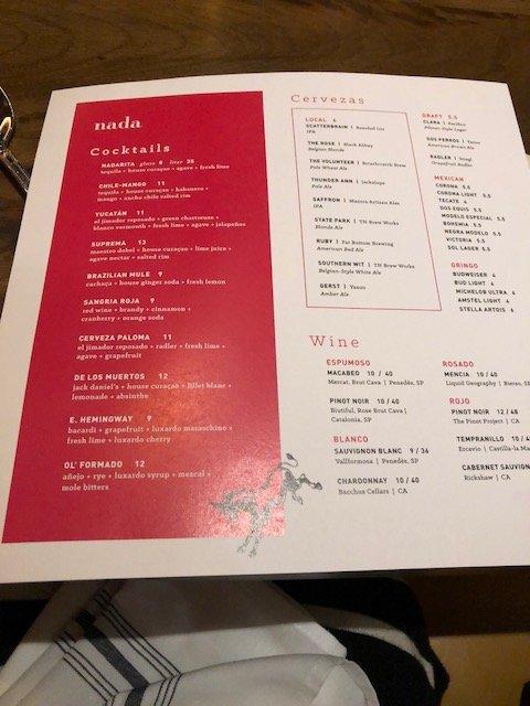 Menu at Nada restaurant, Nashville